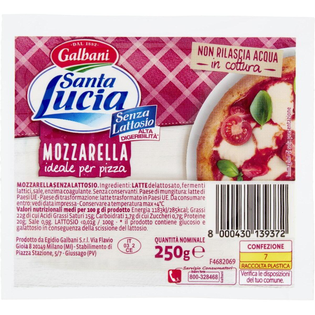 Galbani Santa Lucia Mozzarella ideale per pizza Senza Lattosio 250 g ...