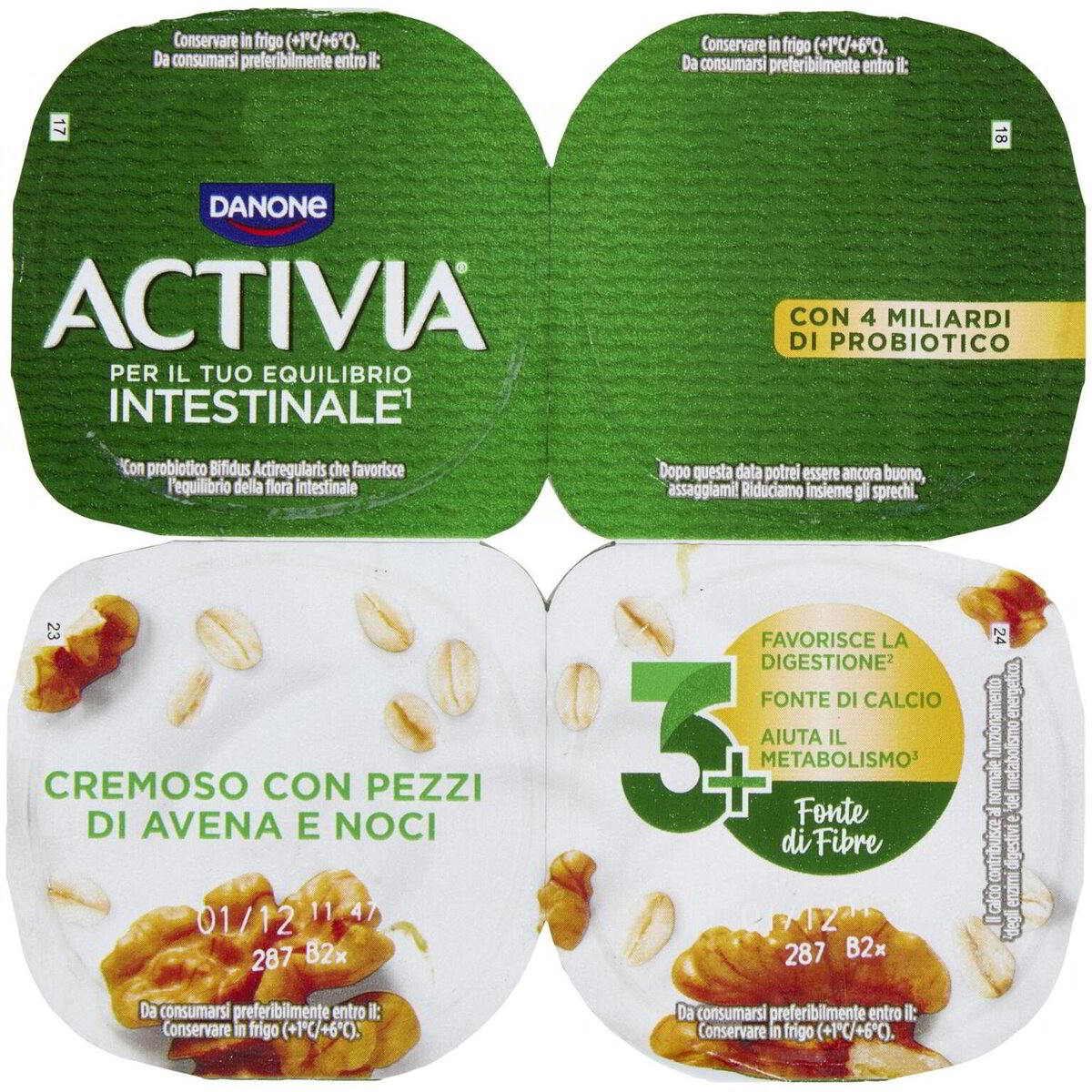 ACTIVIA Fibre Yogurt con Probiotico Bifidus, gusto Avena e Noci, 4x125g ...